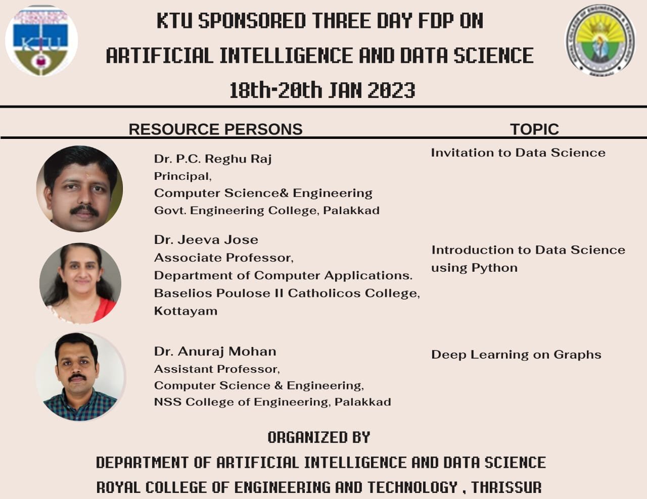 KTU Sponsored three day FDP on ARTIFICIAL INTELLIGENCE AND DATA SCIENCE – ROYAL COLLEGE OF ...